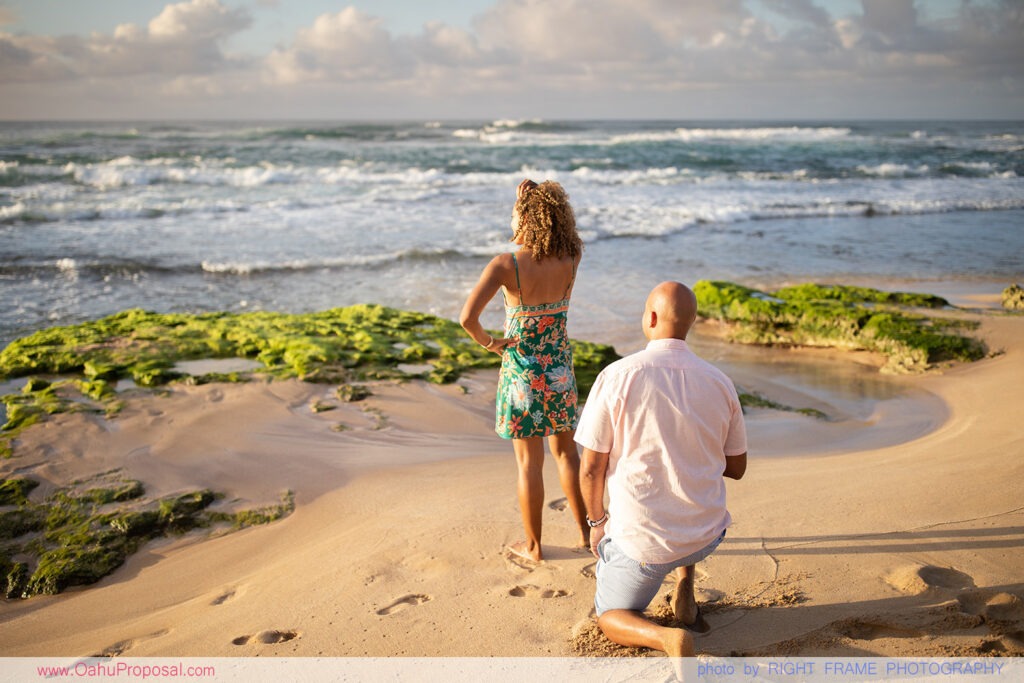 Sunset Beach Proposal during photoshoot at Papailoa Beach, Hawaii